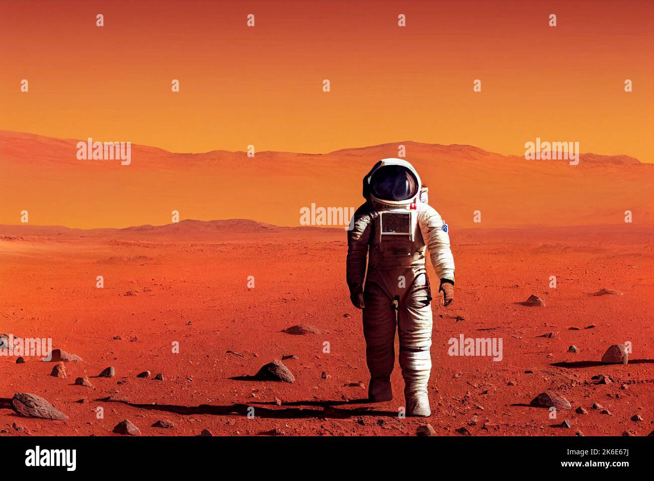 A 3D rendering of an astronaut walking on the Mars planet Stock Photo ...