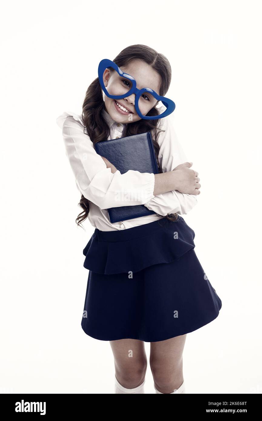 Girl cute big heart shaped glasses isolated white background. Child ...
