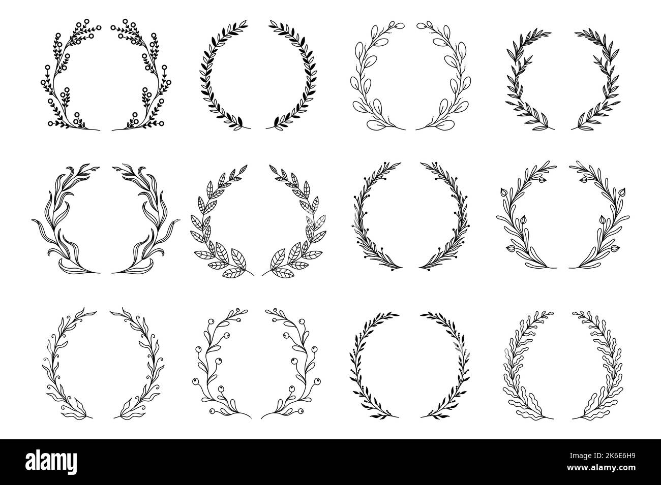Ornamental branch wreathes set in hand drawn design. Laurel leaves ...