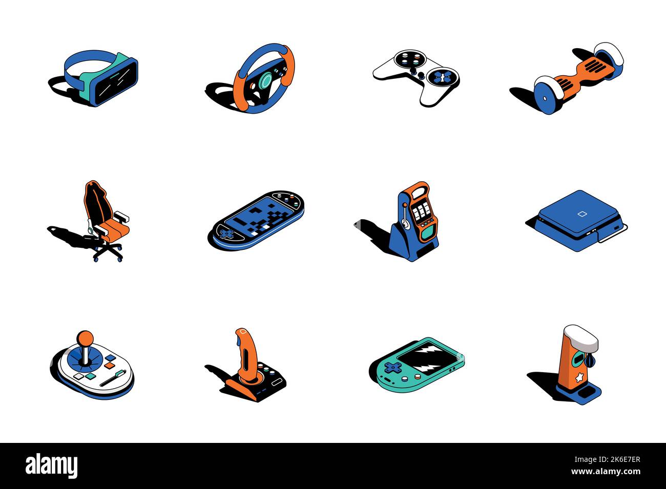 Game devices 3d isometric icons set. Pack elements of vr glasses, steering wheel, joystick ...
