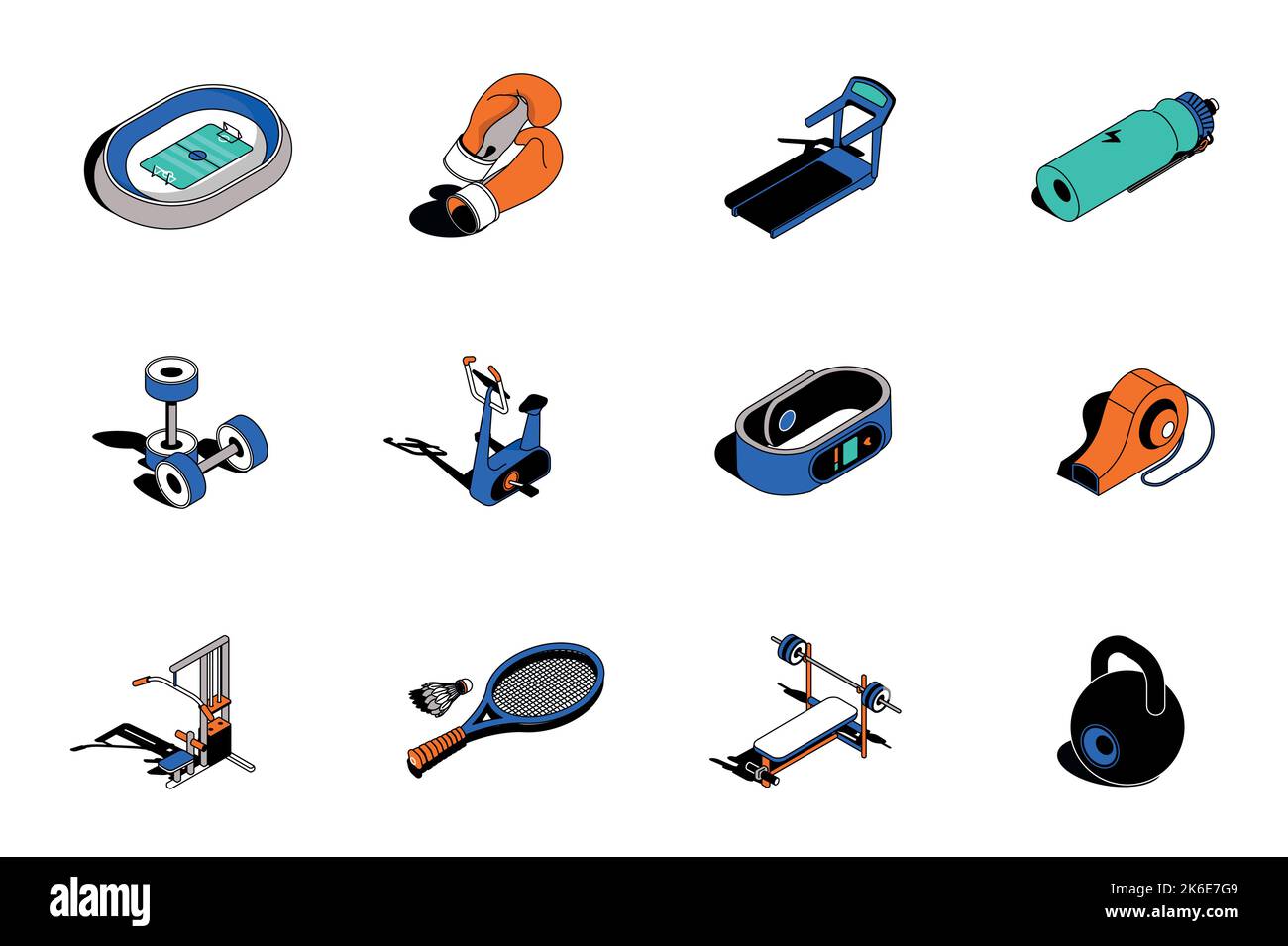 Sports 3d isometric icons set. Pack elements of stadium, boxing gloves ...