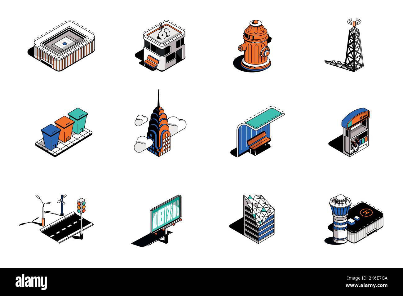 City infrastructure and buildings 3d isometric icons set. Pack elements ...