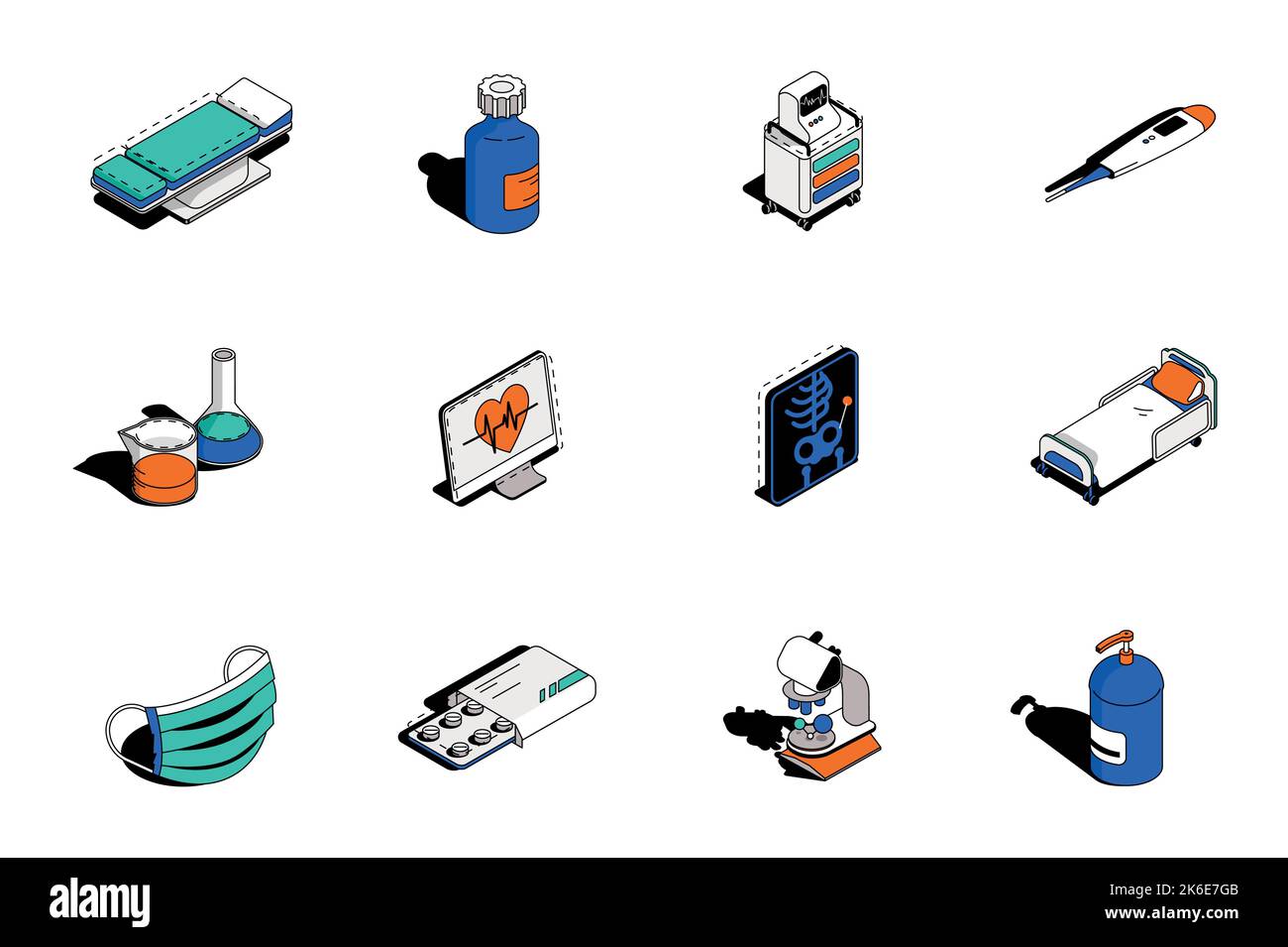 Medical 3d isometric icons set. Pack elements of couch, bottle, patient ...