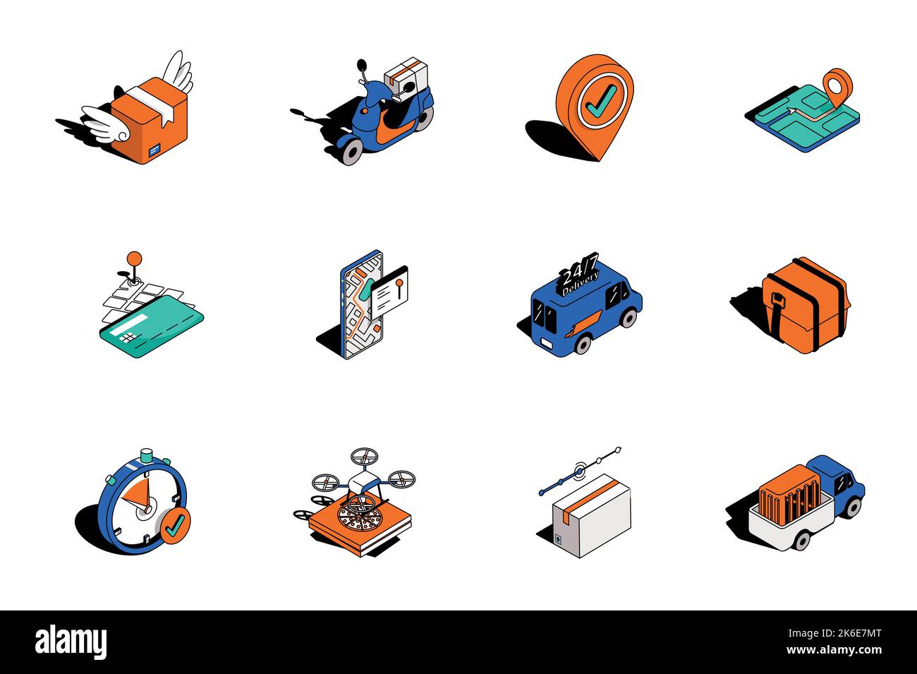 Delivery service 3d isometric icons set. Pack elements of parcel fast ...
