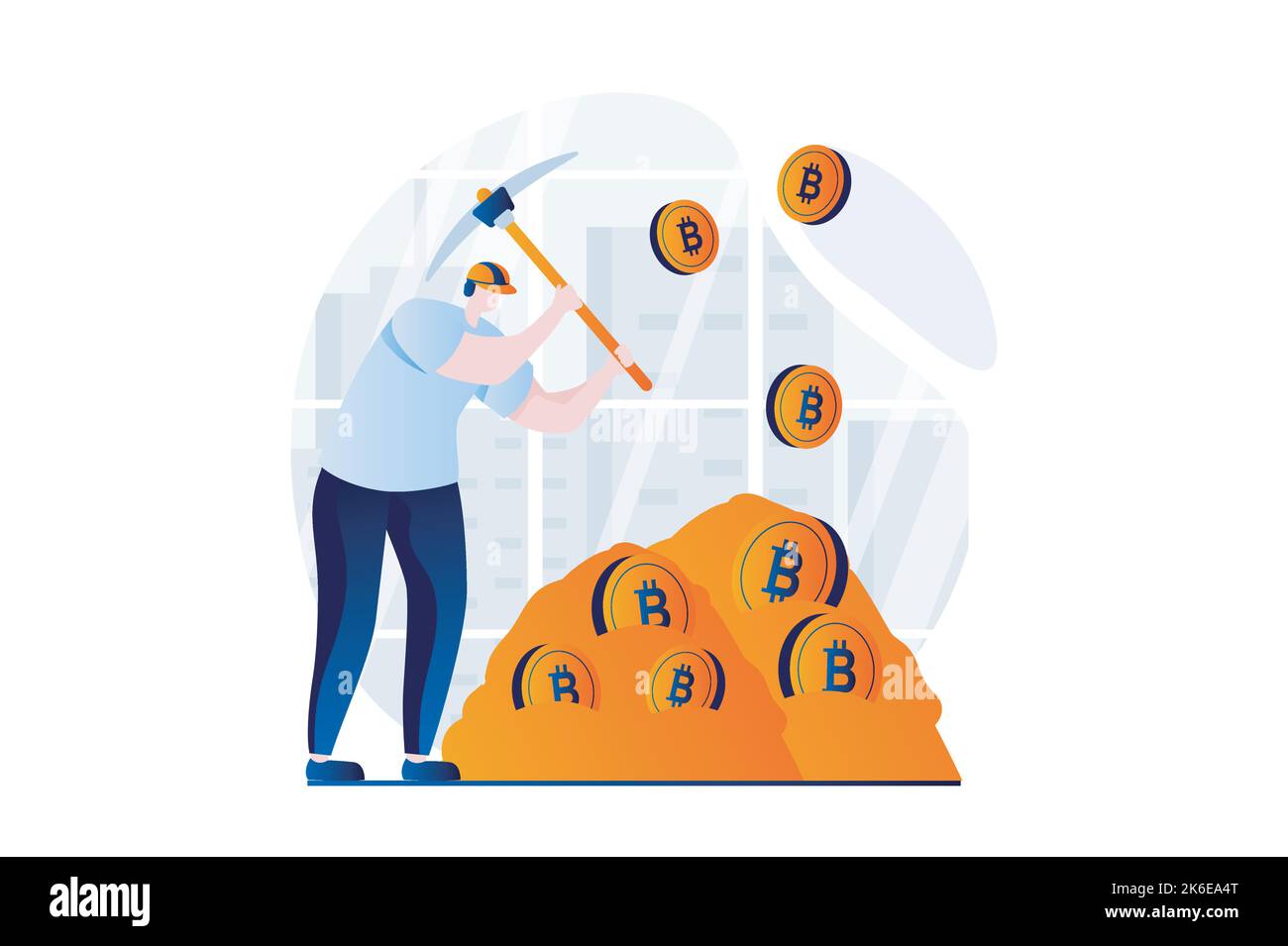 Cryptocurrency mining concept with people scene in flat cartoon design. Man miner with pickaxe ...