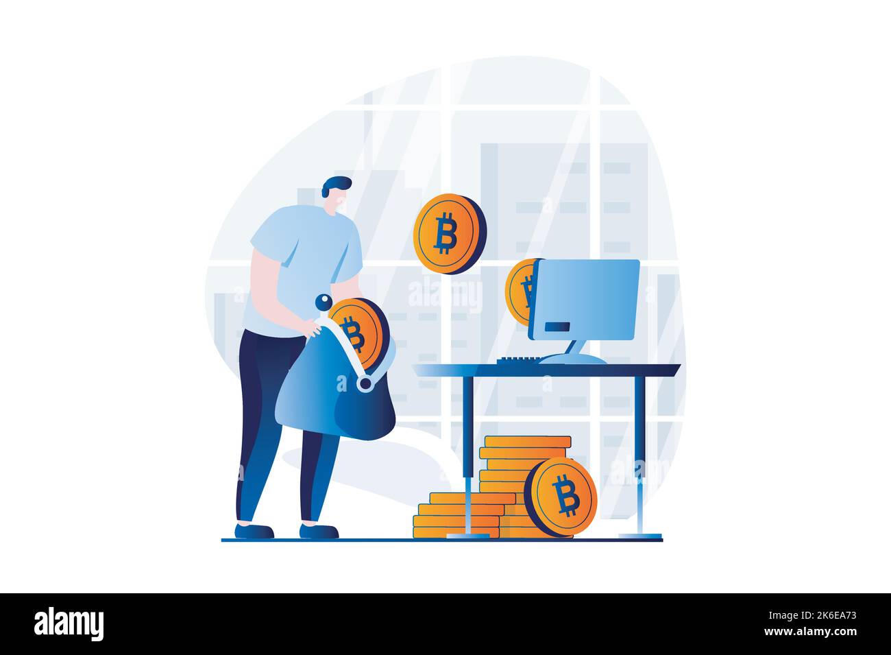 Cryptocurrency mining concept with people scene in flat cartoon design. Man mines bitcoins on ...