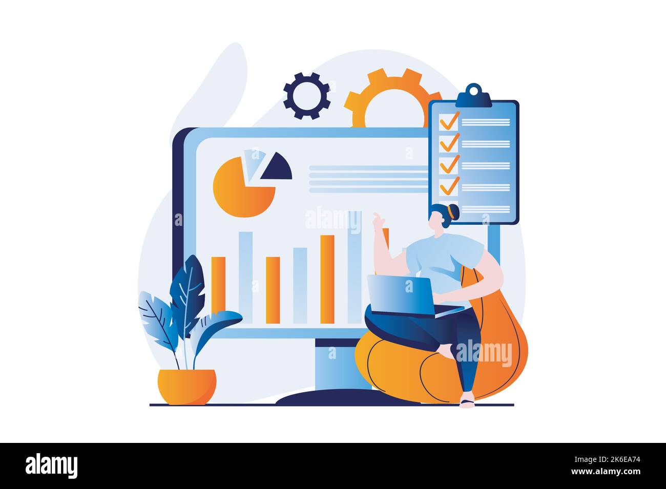 Data analysis concept with people scene in flat cartoon design. Woman ...