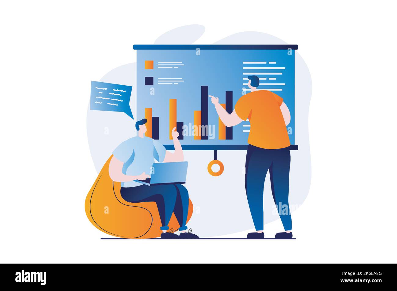 Data analysis concept with people scene in flat cartoon design. Men discussions and working with ...