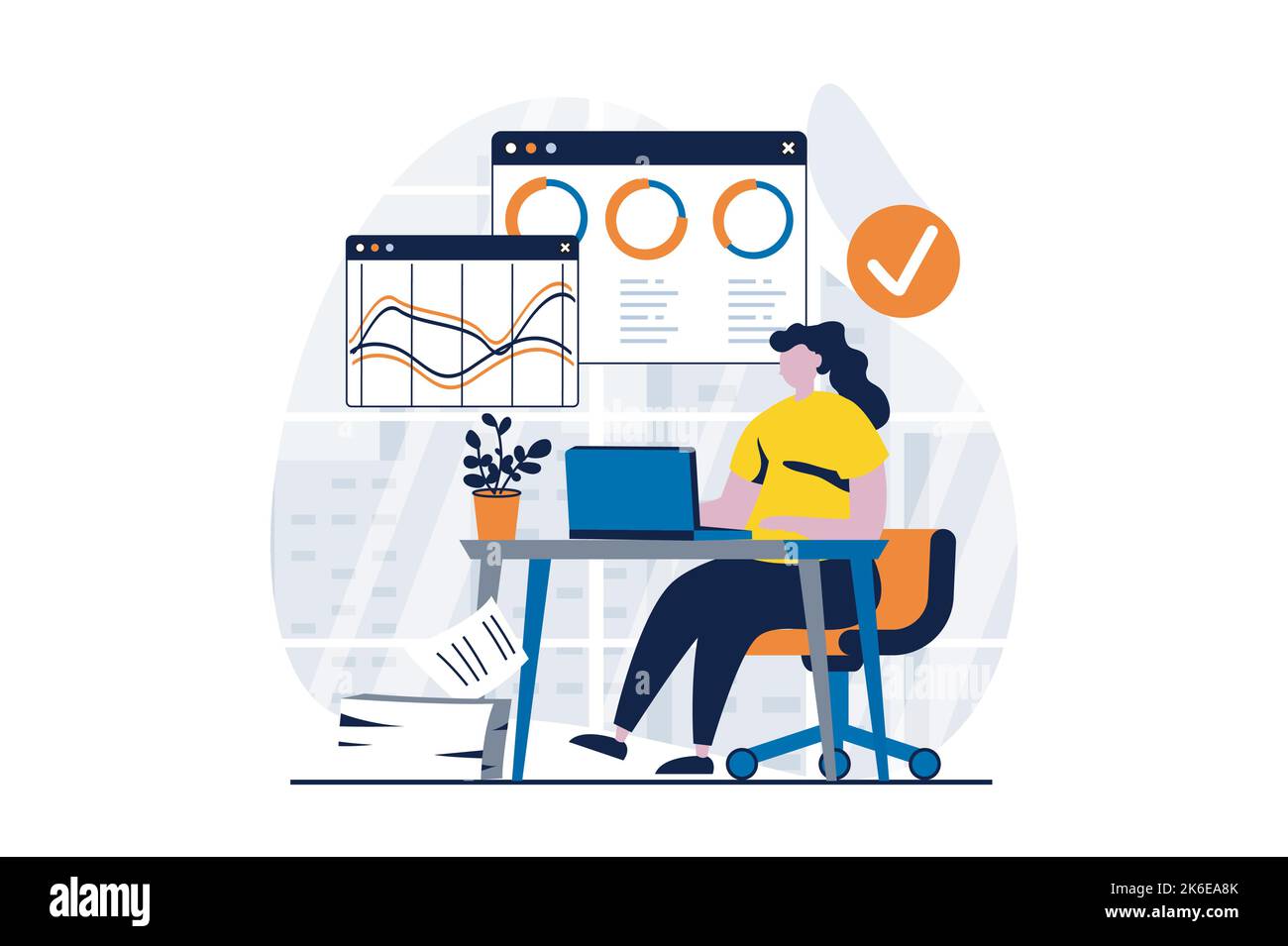 Data analysis concept with people scene in flat cartoon design. Woman ...