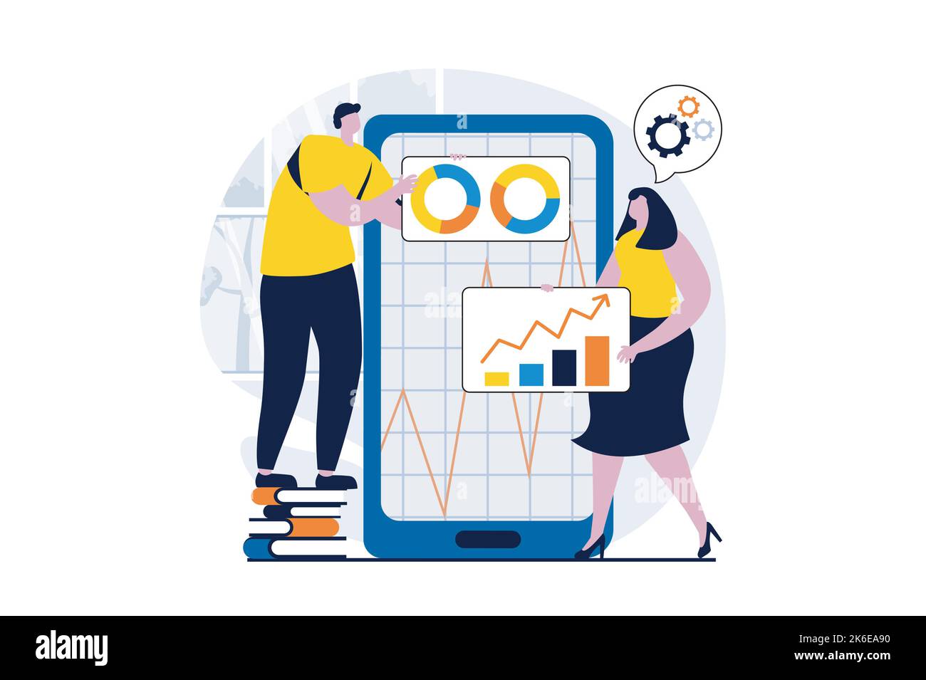 Data analysis concept with people scene in flat cartoon design. Woman ...