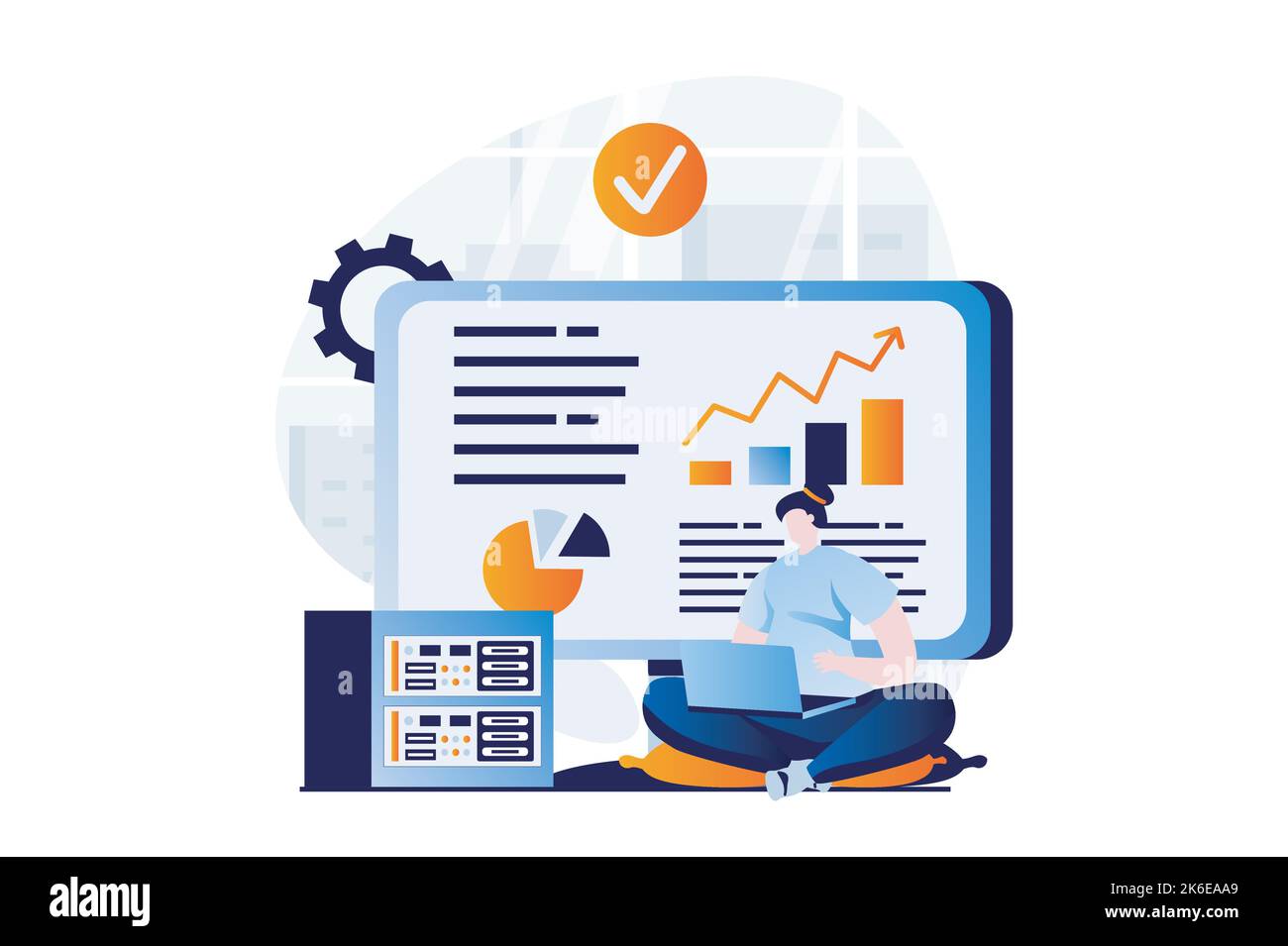 Data science concept with people scene in flat cartoon design. Woman ...