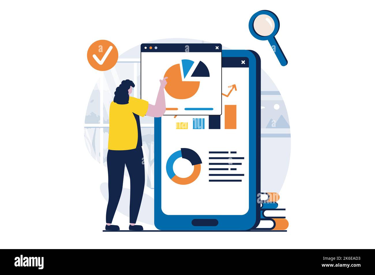 Data science concept with people scene in flat cartoon design. Woman ...