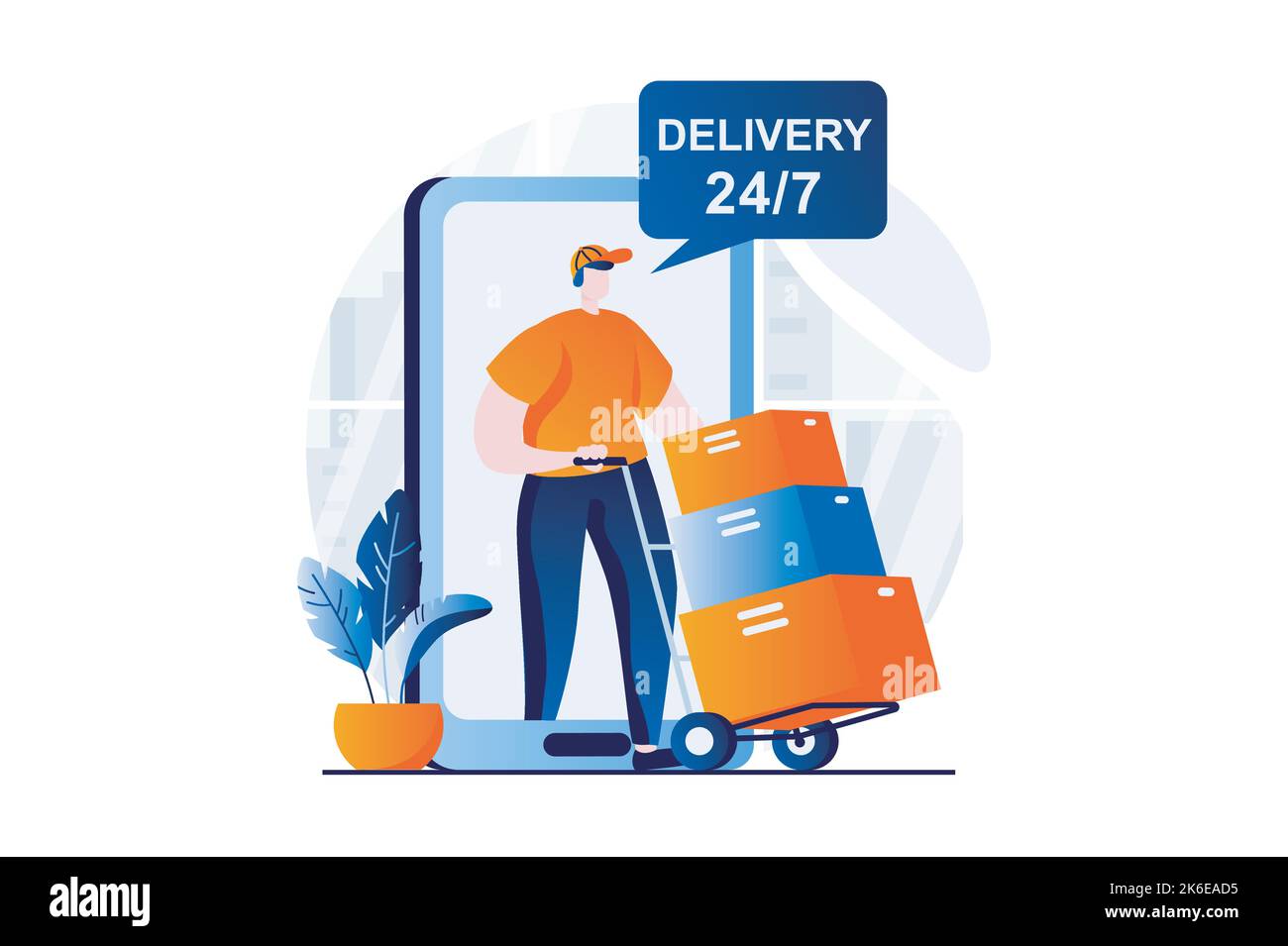 Delivery service concept with people scene in flat cartoon design. Male ...