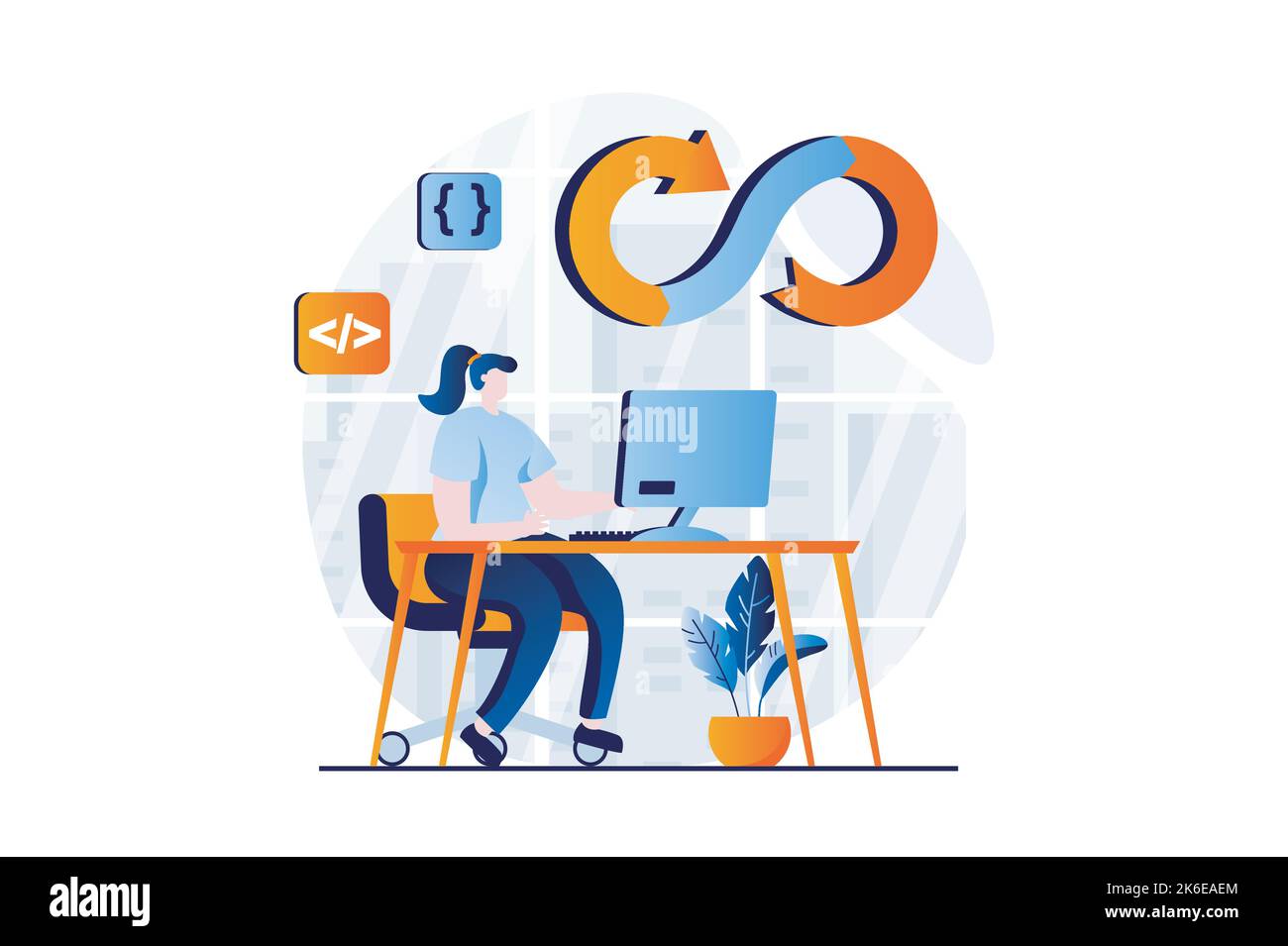 Devops Concept With People Scene In Flat Cartoon Design Woman Coding And Creates Programs While