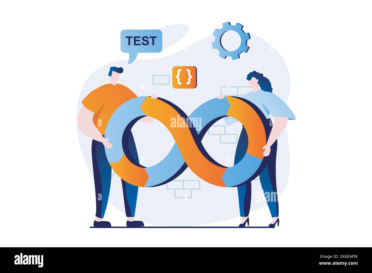 DevOps concept with people scene in flat cartoon design. Man and woman working together ...