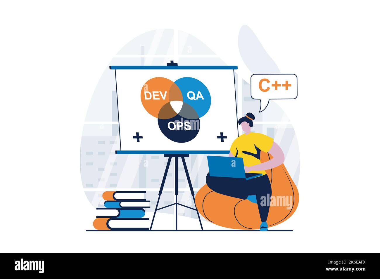 DevOps concept with people scene in flat cartoon design. Woman coding ...