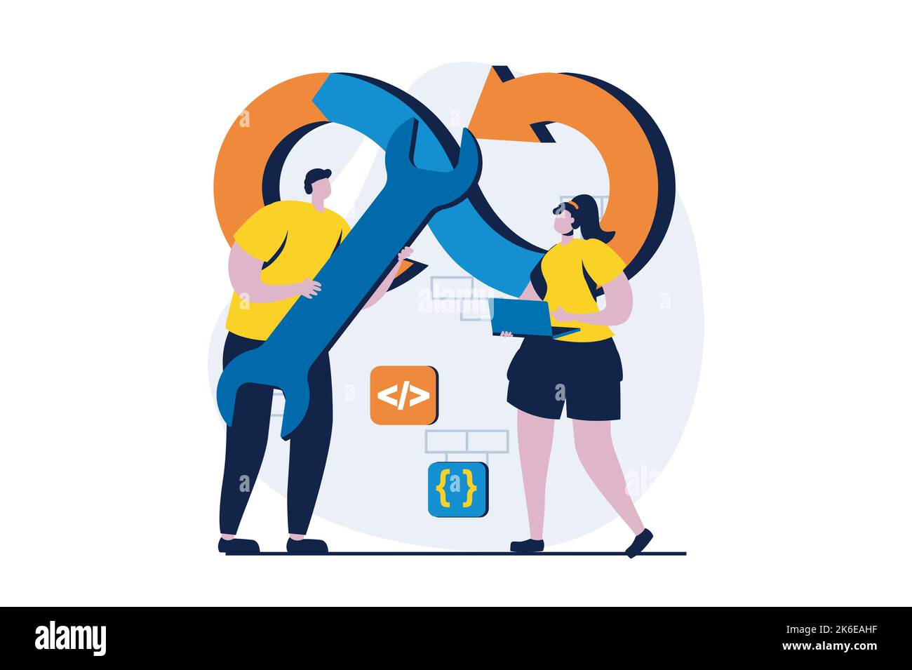DevOps concept with people scene in flat cartoon design. Woman and man working in programming ...