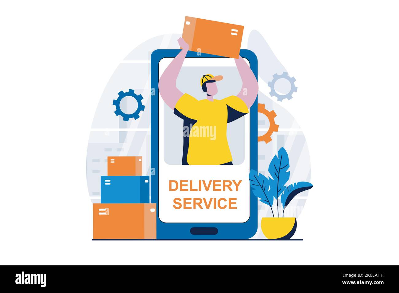 Delivery service concept with people scene in flat cartoon design. Male ...