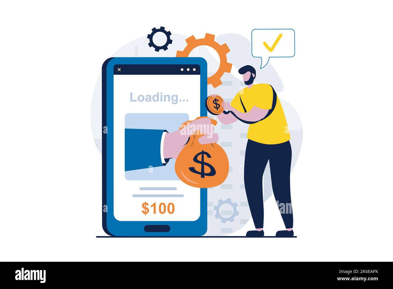 E-payment process concept with people scene in flat cartoon design. Man ...