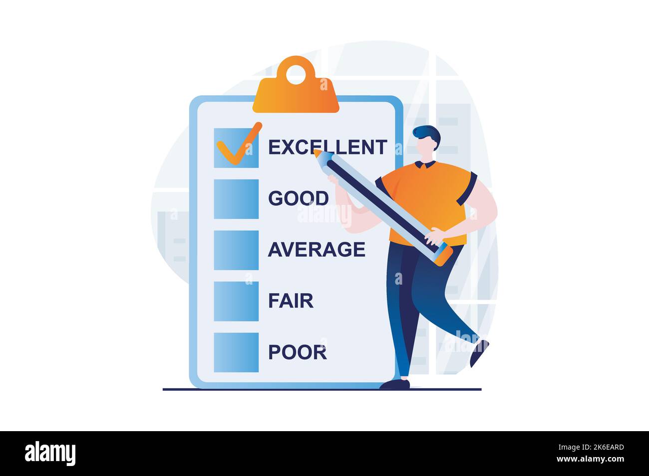 Feedback page concept with people scene in flat cartoon design. Man ...