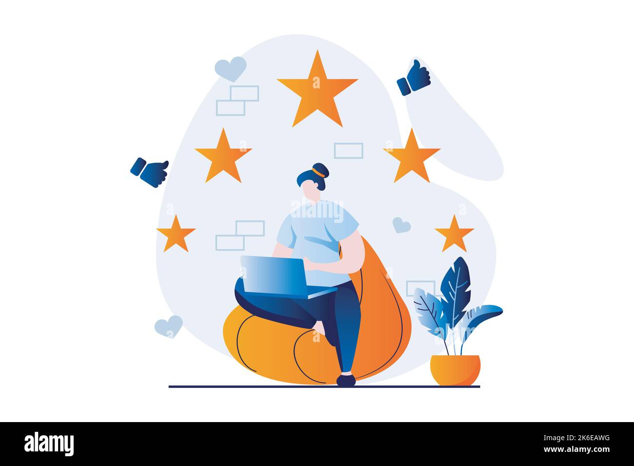 Feedback page concept with people scene in flat cartoon design. Woman ...