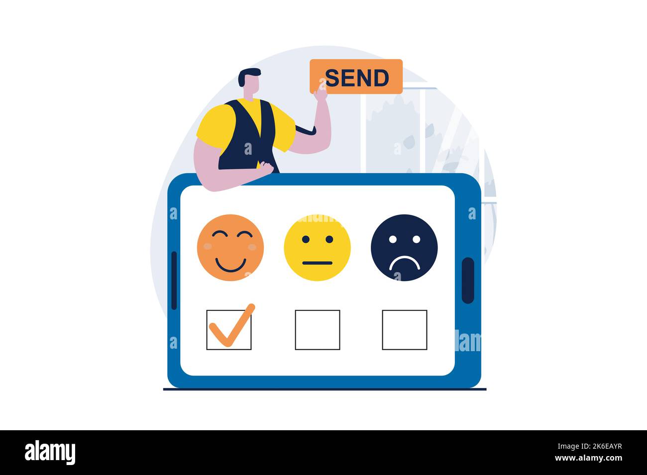 Feedback page concept with people scene in flat cartoon design. Man ...