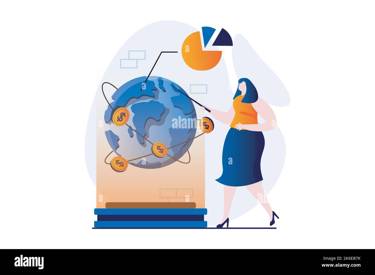 Global economic concept with people scene in flat cartoon design. Businesswoman develops an ...