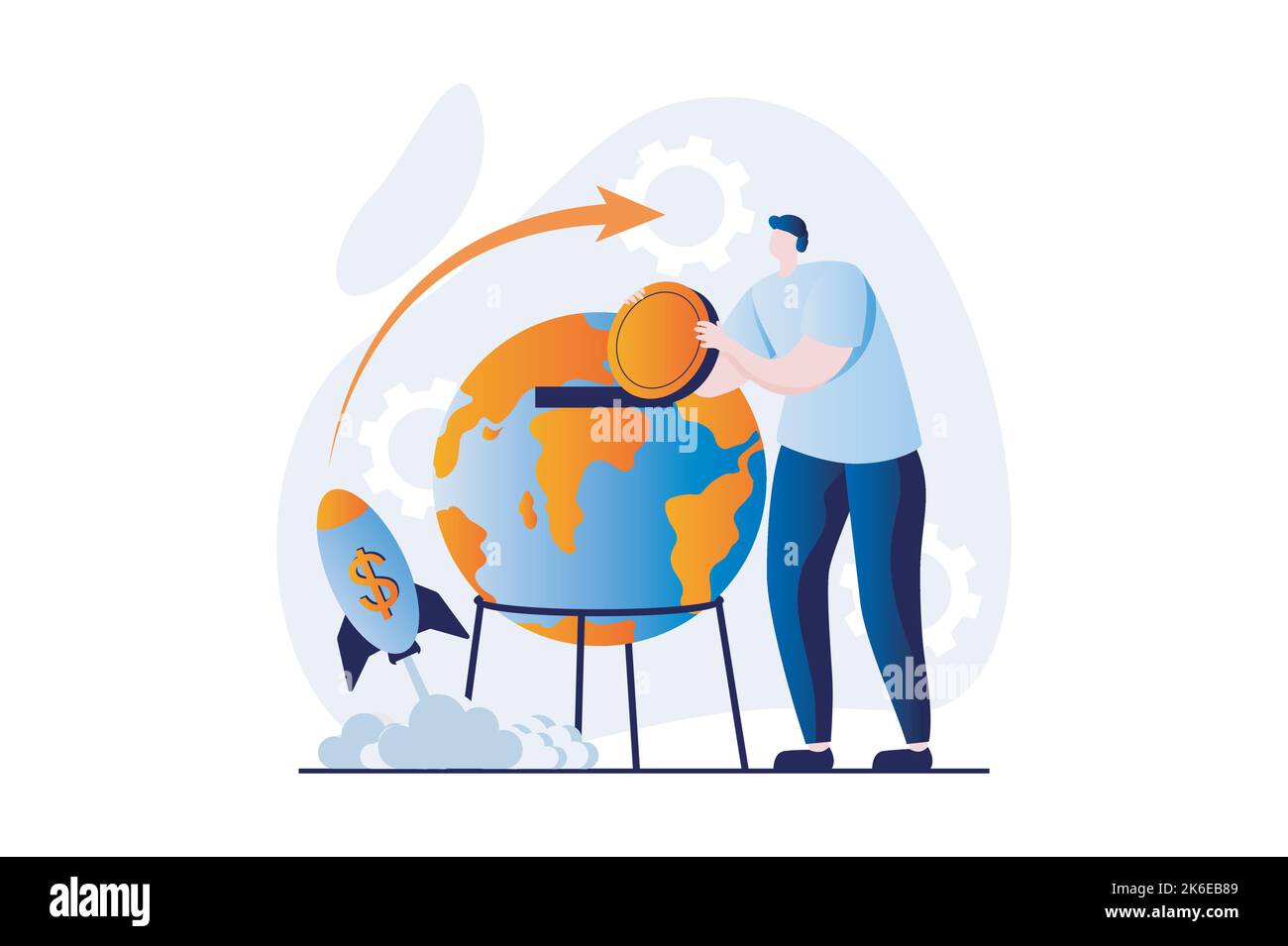 Global economic concept with people scene in flat cartoon design. Man invests money in ...