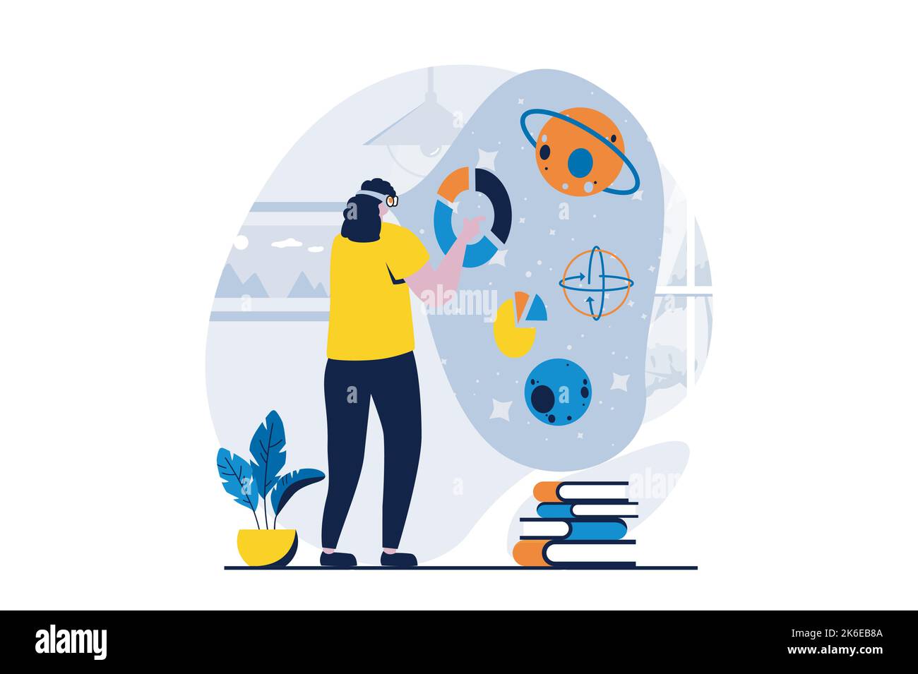 Metaverse concept with people scene in flat cartoon design. Woman in VR ...