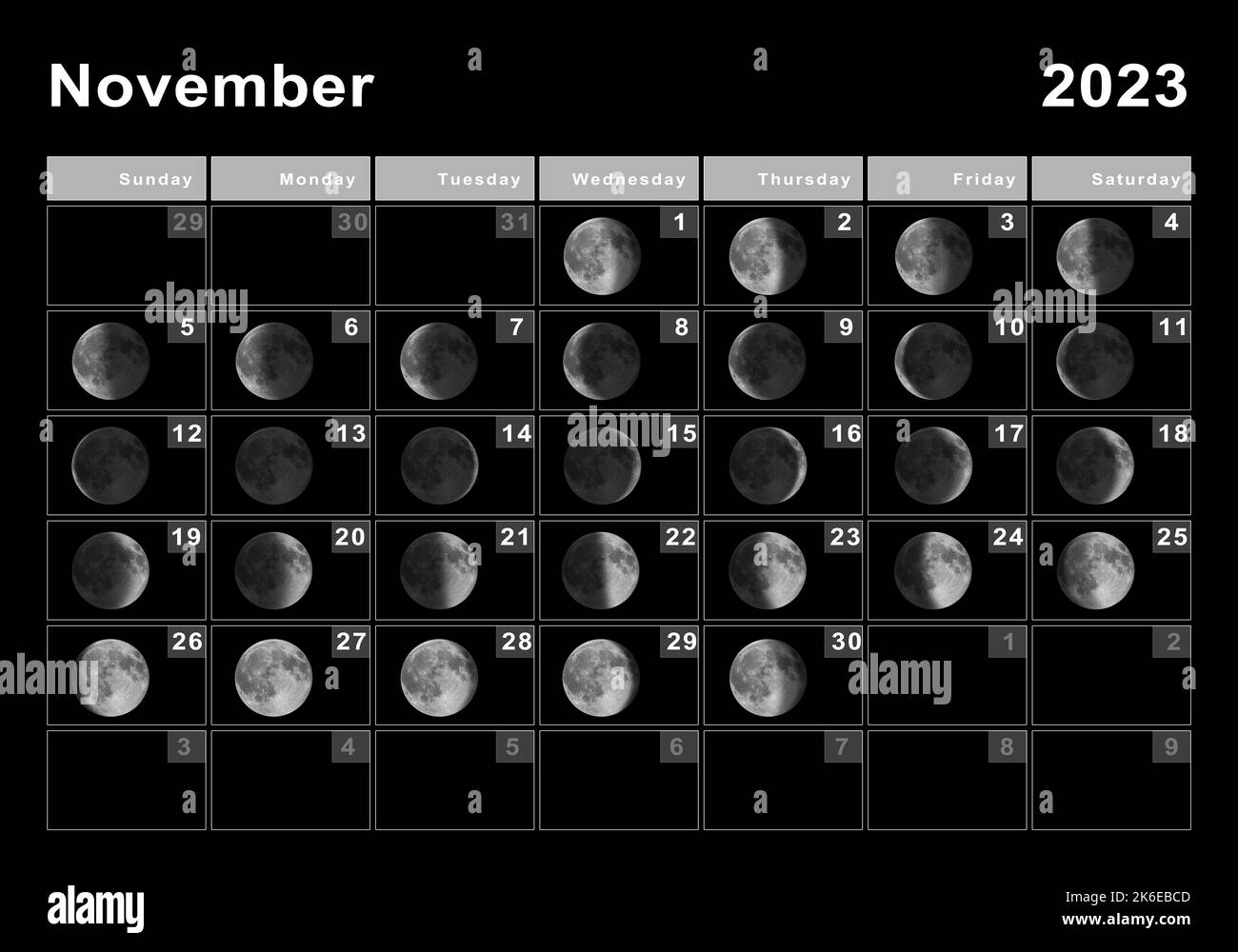 November 2023 Lunar calendar, Moon cycles, Moon Phases Stock Photo - Alamy