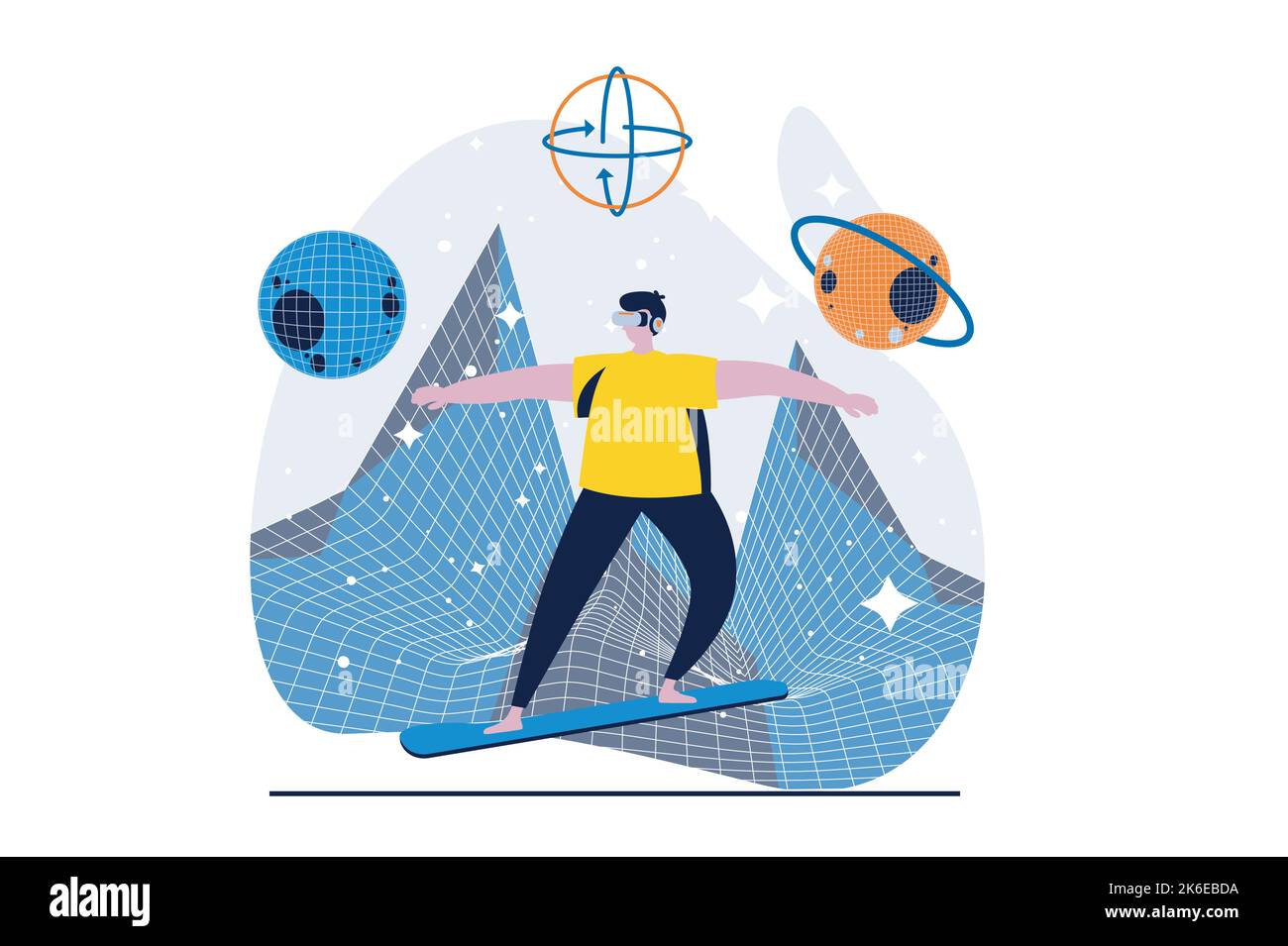 Metaverse concept with people scene in flat cartoon design. Man in VR ...