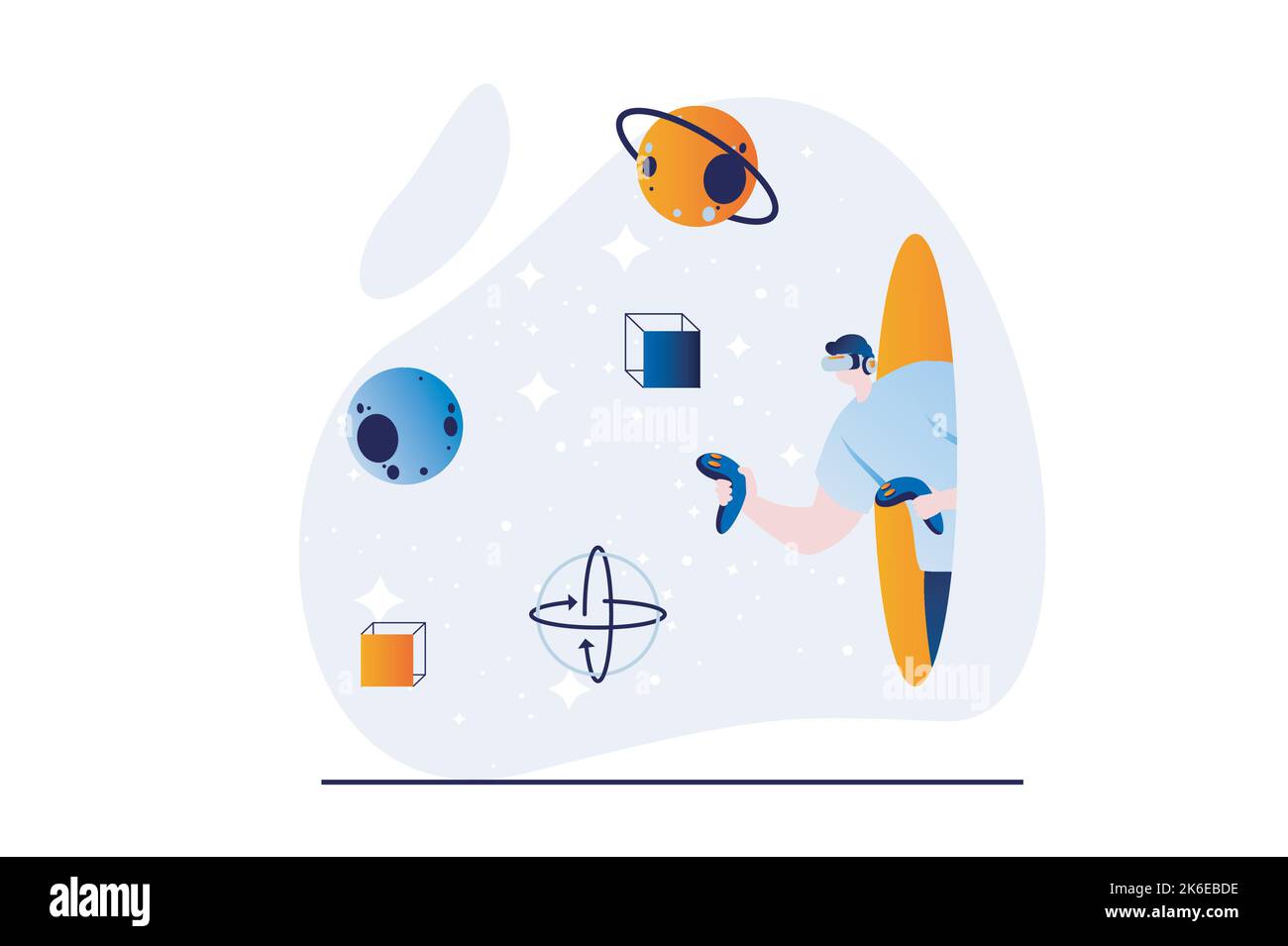 Metaverse concept with people scene in flat cartoon design. Man in VR ...