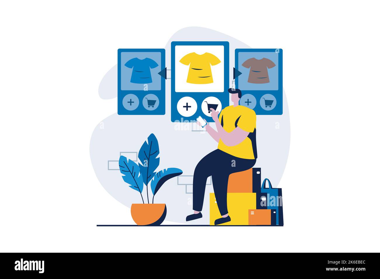 Mobile commerce concept with people scene in flat cartoon design. Man ...