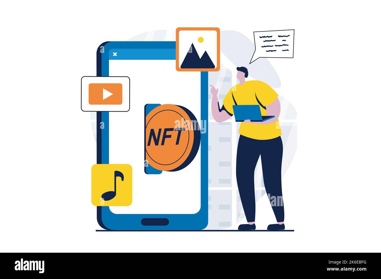 NFT token concept with people scene in flat cartoon design. Man buys ...