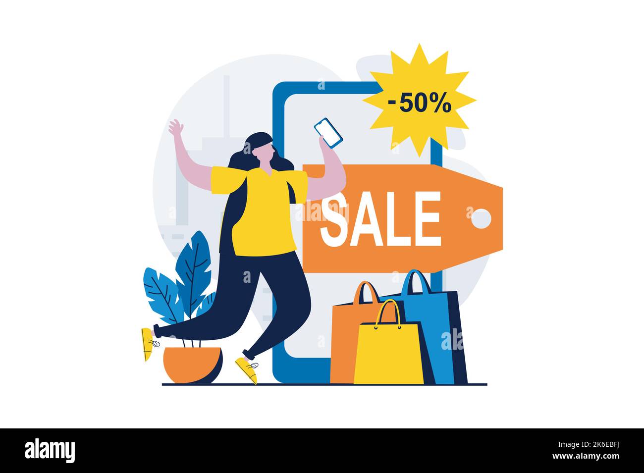 Mobile commerce concept with people scene in flat cartoon design. Woman ...