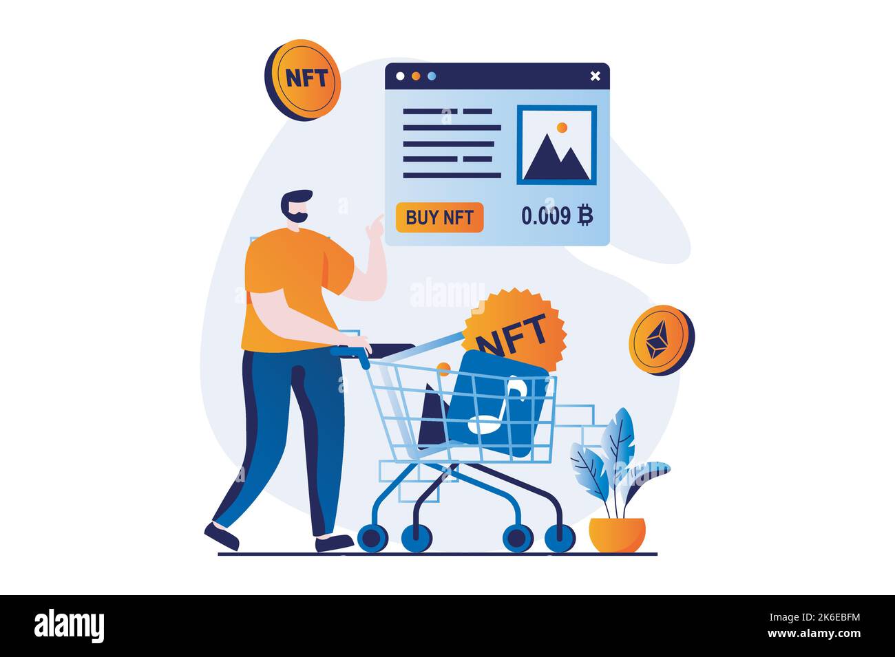 NFT token concept with people scene in flat cartoon design. Man buys ...