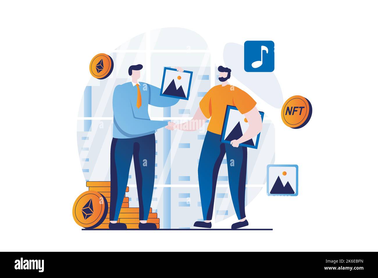 NFT token concept with people scene in flat cartoon design. Seller ...