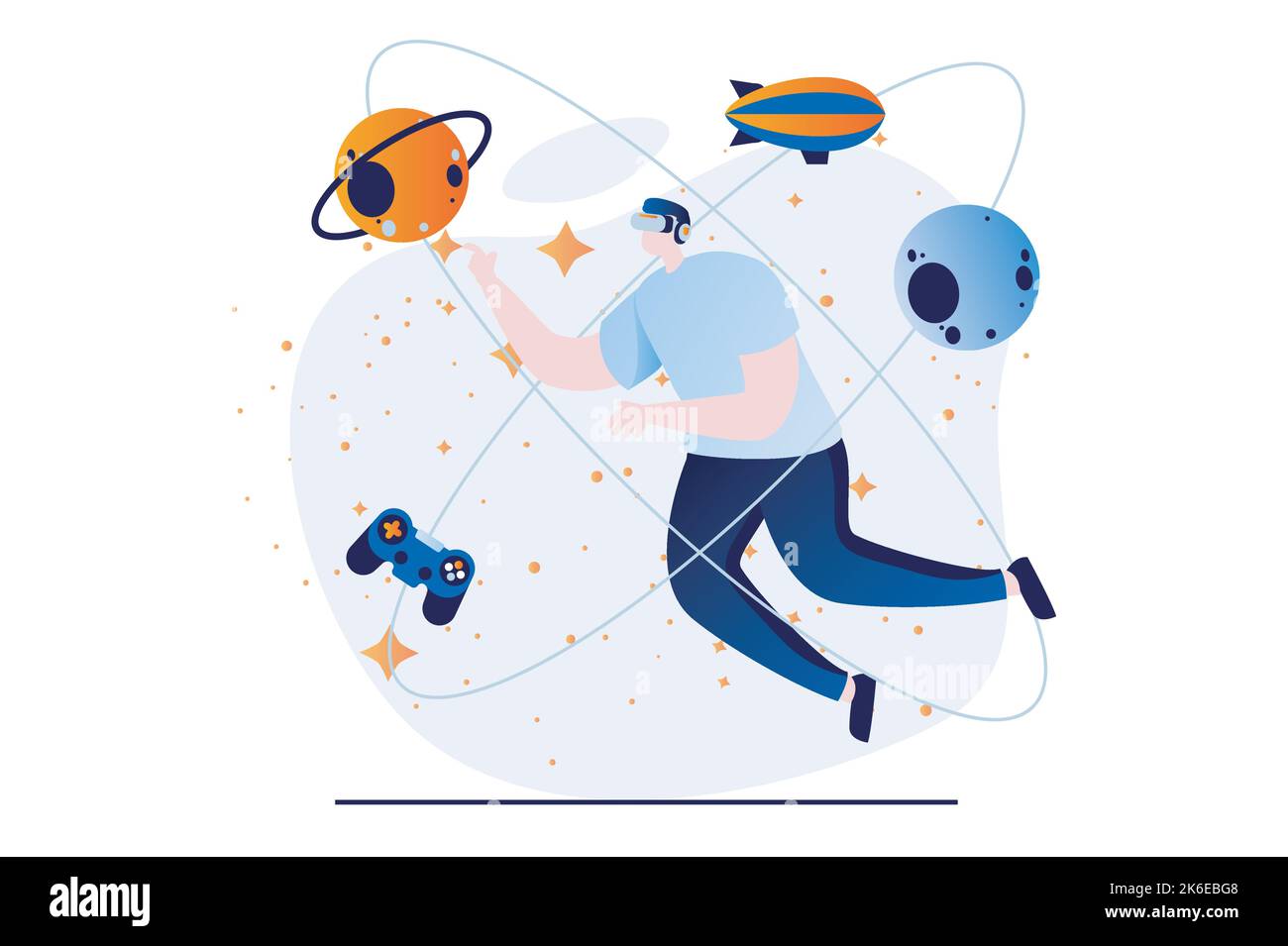 Metaverse concept with people scene in flat cartoon design. Man in VR ...