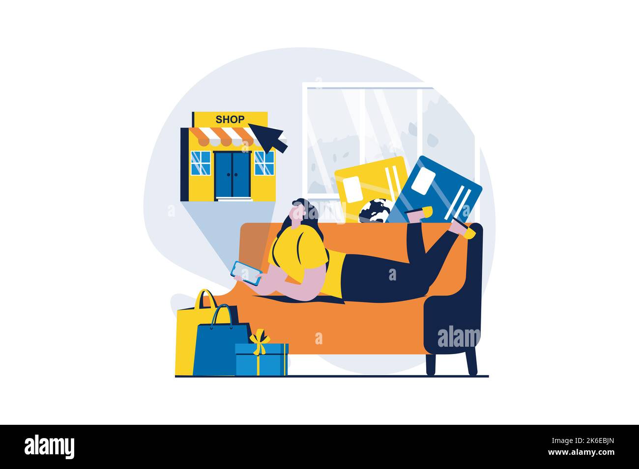 Mobile commerce concept with people scene in flat cartoon design. Woman ...