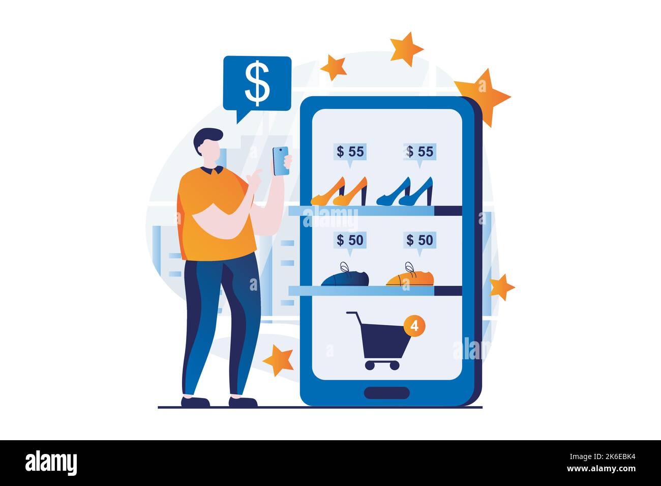 Mobile commerce concept with people scene in flat cartoon design. Man ...