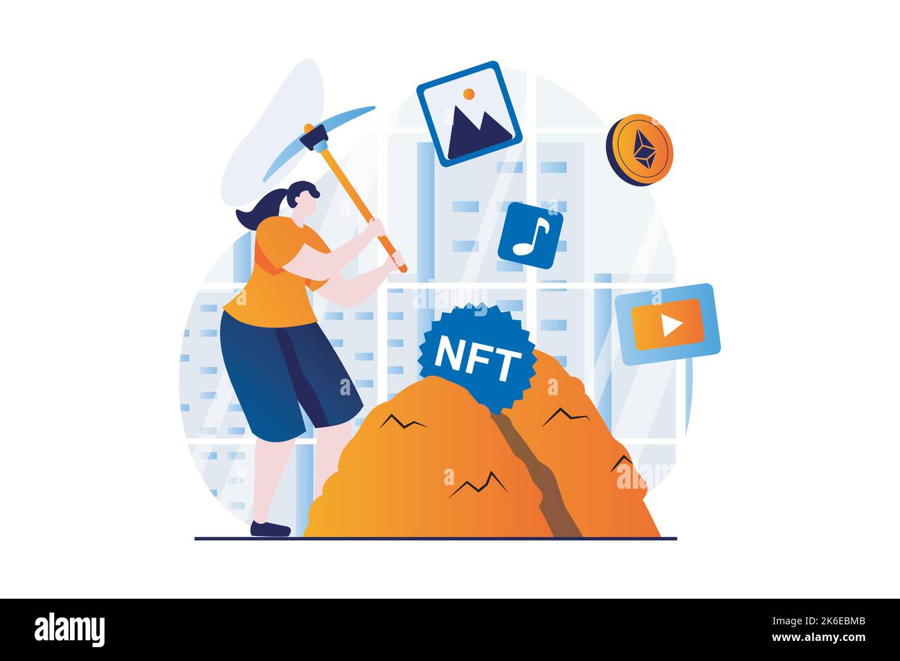 NFT token concept with people scene in flat cartoon design. Woman ...