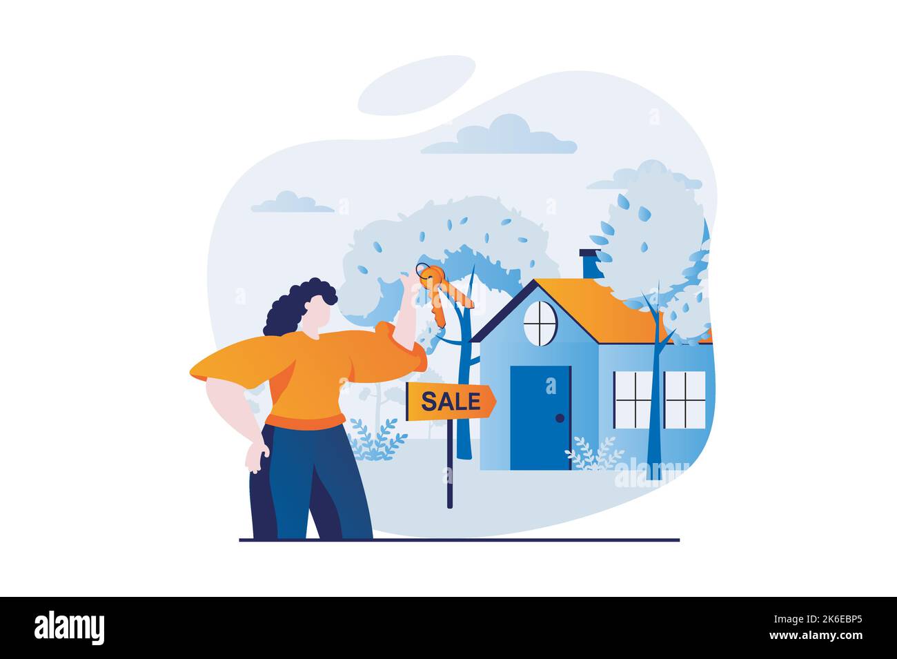 Real estate concept with people scene in flat cartoon design. Woman ...