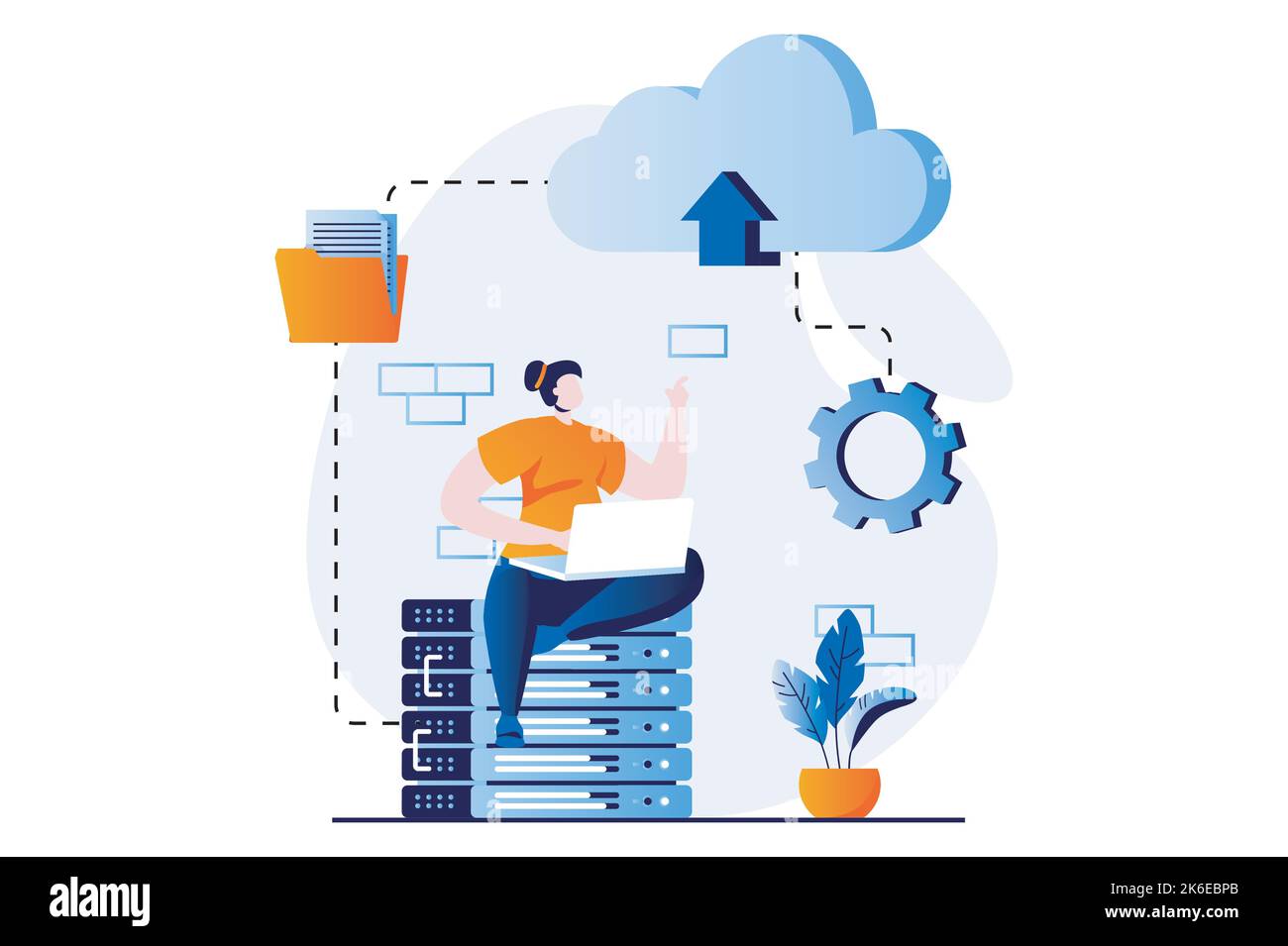 SaaS concept with people scene in flat cartoon design. Woman exchanges ...