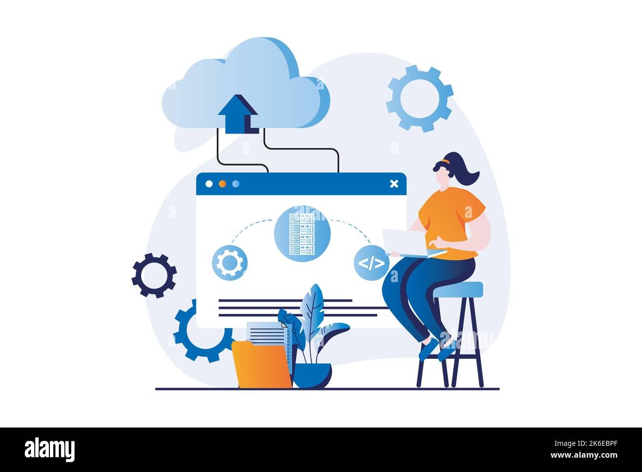 SaaS concept with people scene in flat cartoon design. Woman works on ...