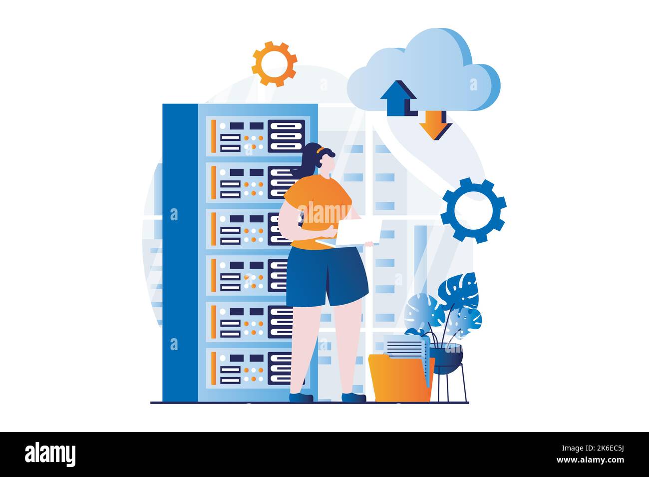 SaaS concept with people scene in flat cartoon design. Woman works with ...