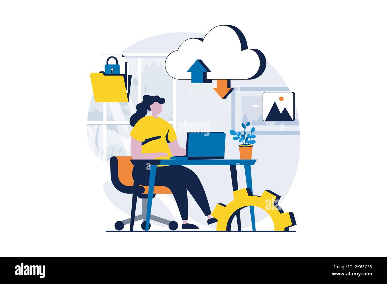 SaaS concept with people scene in flat cartoon design. Woman working ... SaaS concept with people scene in flat cartoon design. Woman working ...