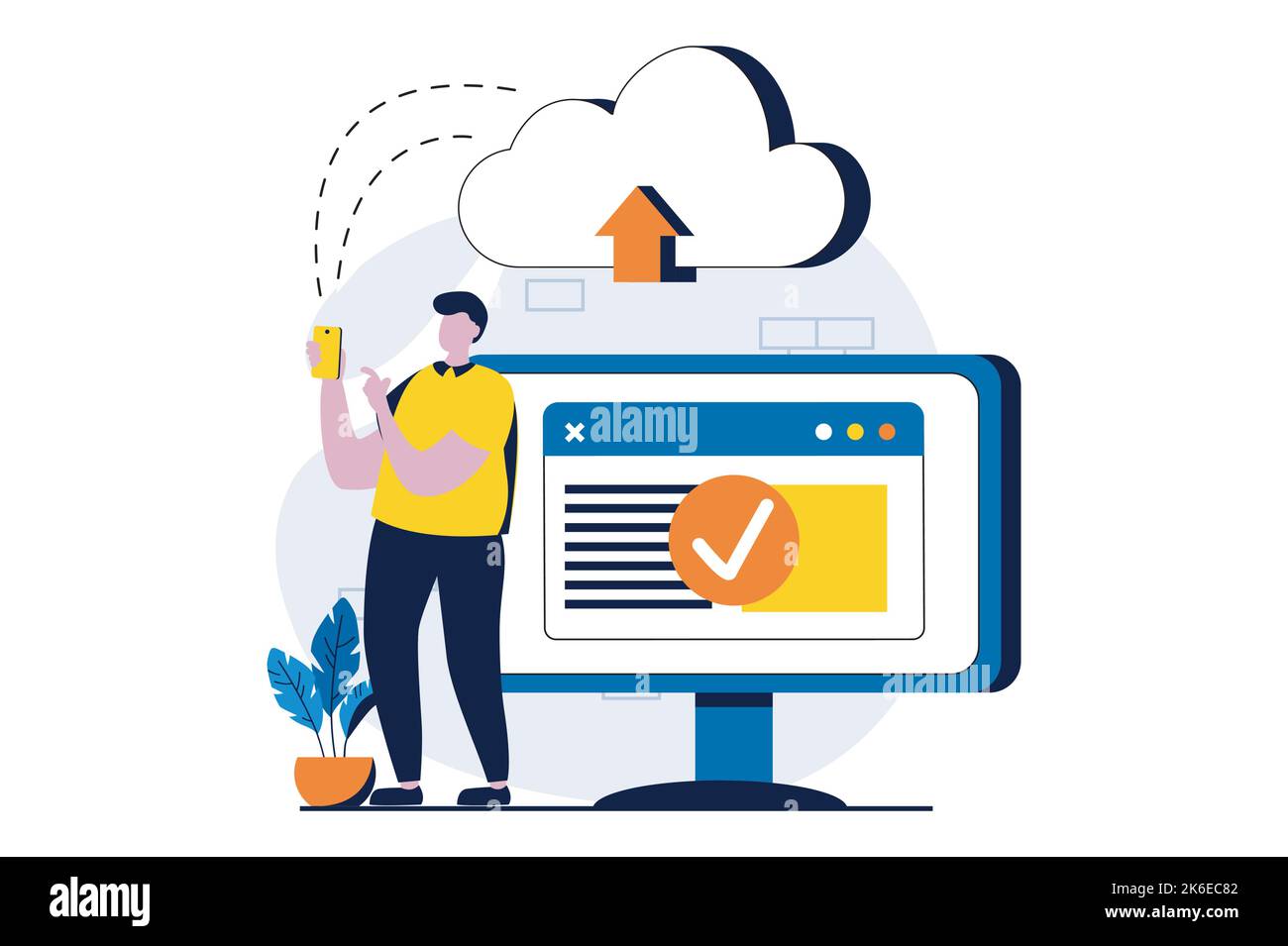 SaaS concept with people scene in flat cartoon design. Man uploading ...