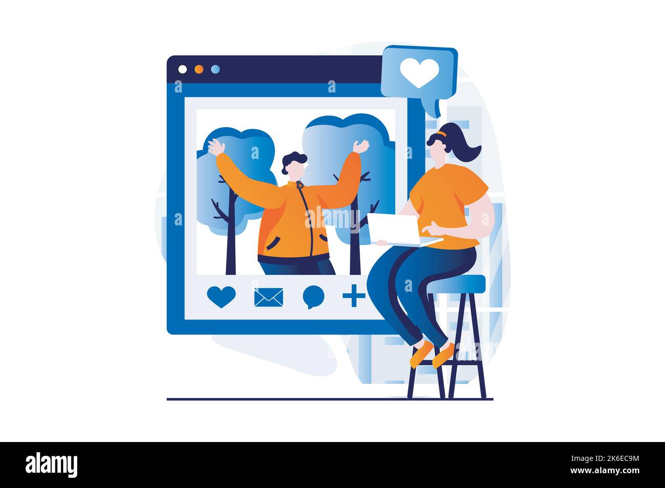 Social network concept with people scene in flat cartoon design. Woman ...