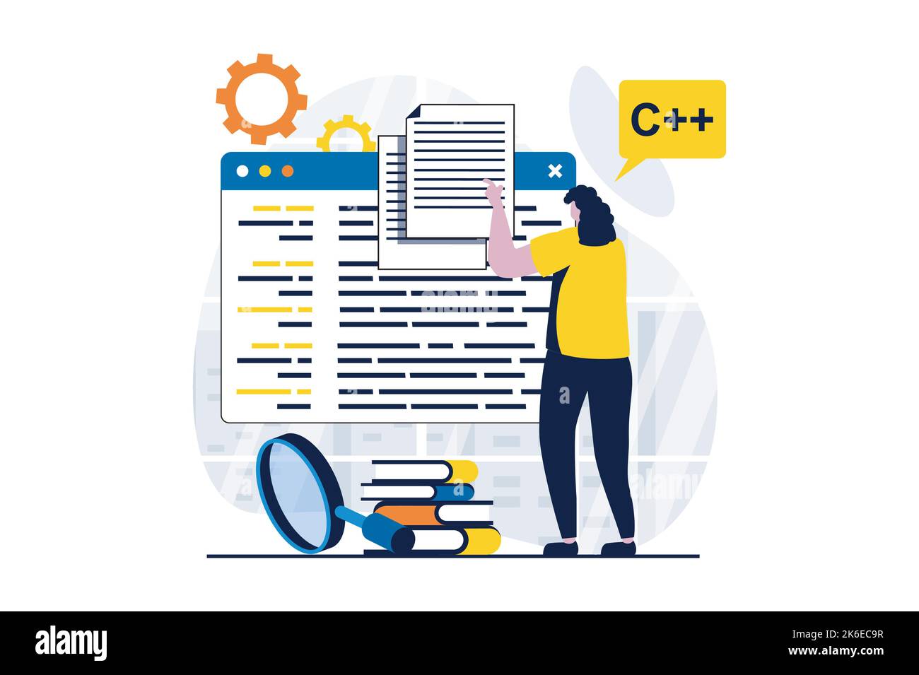 Software development concept with people scene in flat cartoon design. Woman developer ...