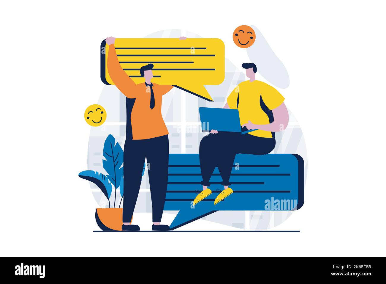 Social network concept with people scene in flat cartoon design. Men ...